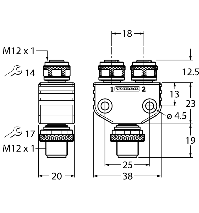 2-Way Splitter - Y-Splitter without Cable, M12 × 1 Male - 2x M12 × 1 Female