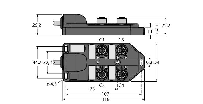 Passive Actuator/Sensor Box, M12 × 1 - With Homerun Cable, 4-port